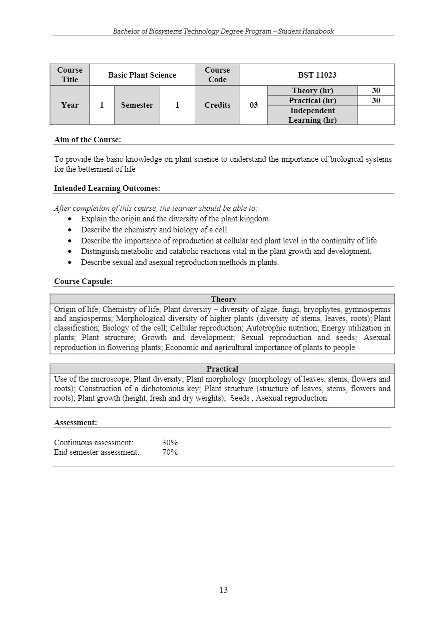 Faculty of Agriculture & Plantation Management – Bachelor of Biosystems ...