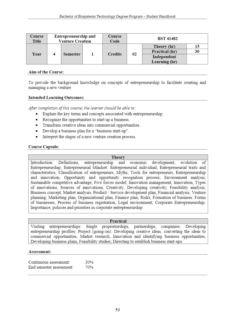 Faculty of Agriculture & Plantation Management – Bachelor of Biosystems ...