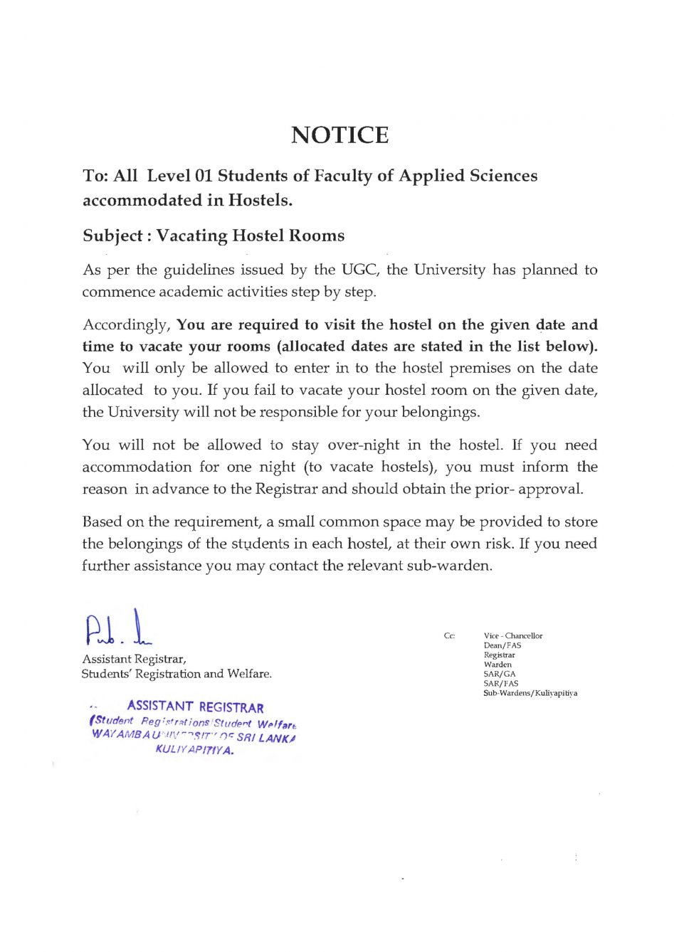 Vacating Hostel Rooms: FAS – Wayamba University of Sri Lanka