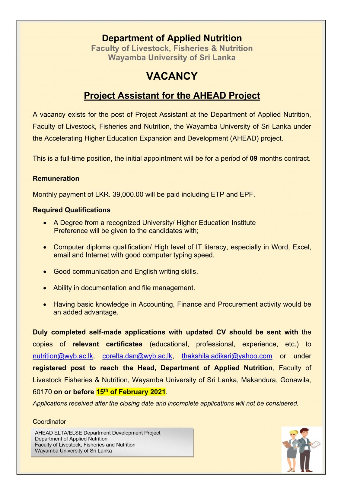 Project Assistant for the AHEAD Project – Wayamba University of Sri Lanka