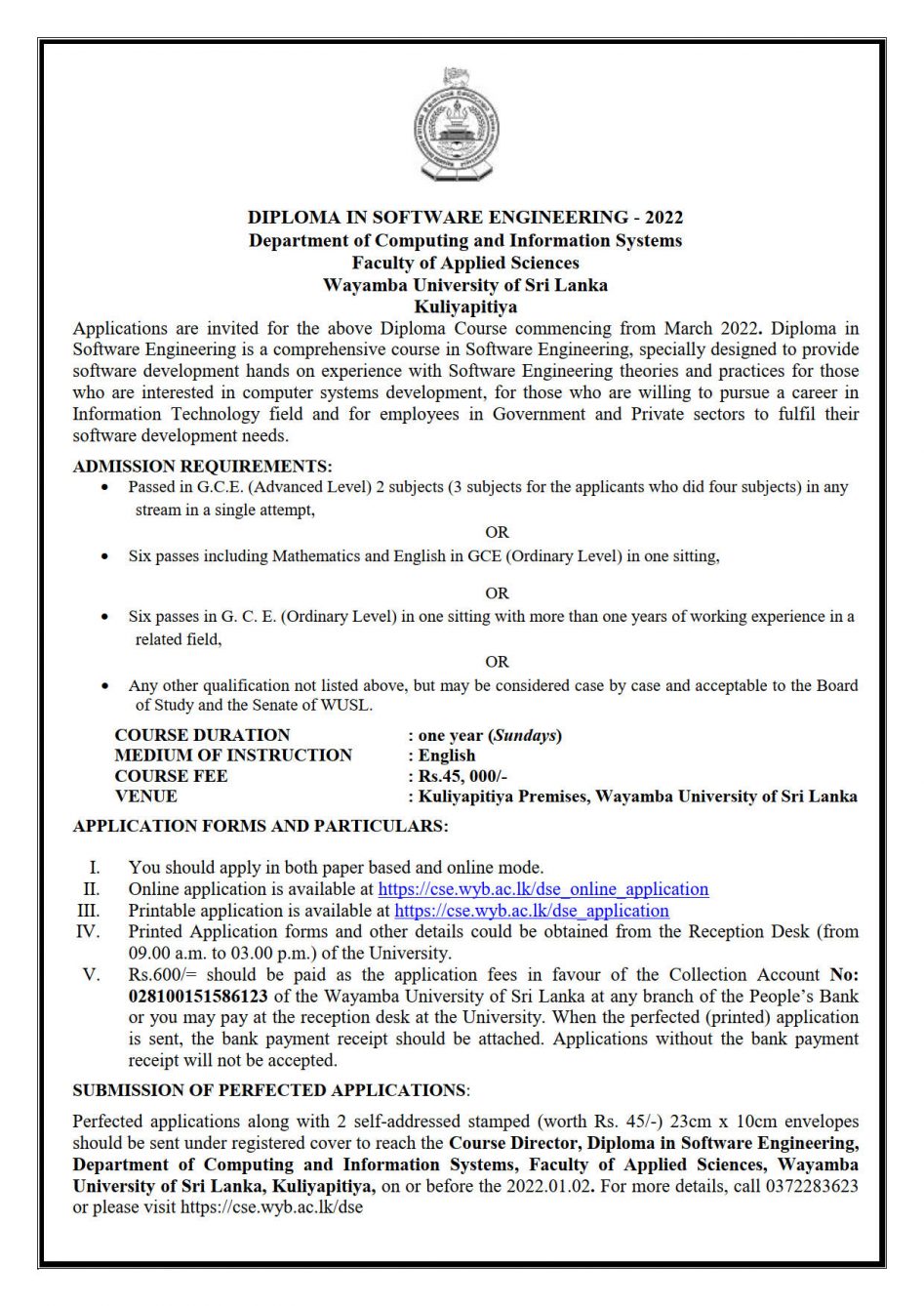 Diploma in Software Engineering – Wayamba University of Sri Lanka