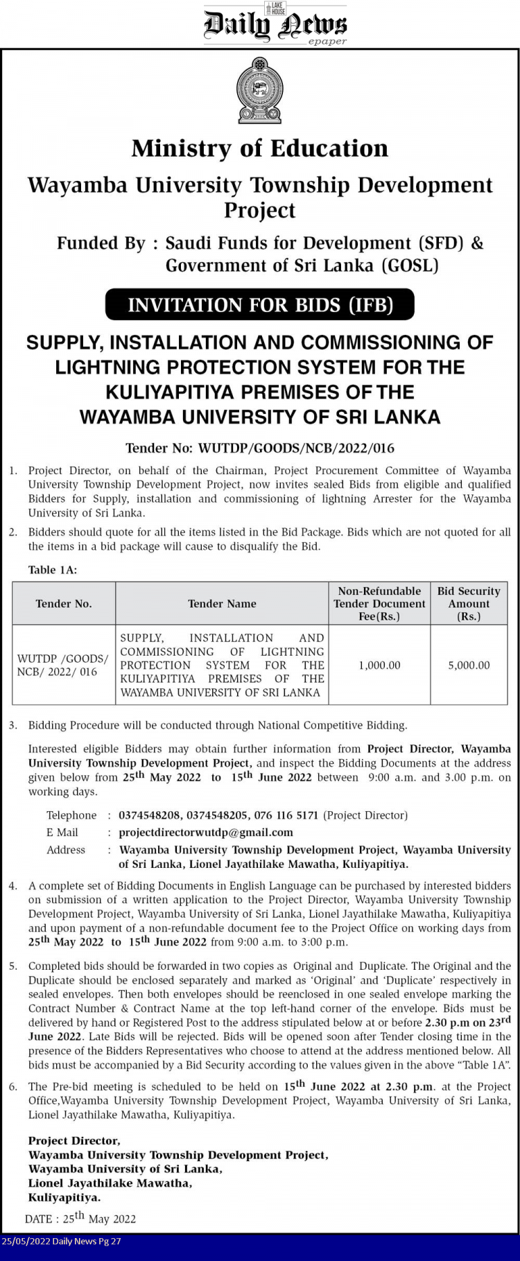 Tender Notices | Wayamba University Township Development Project ...